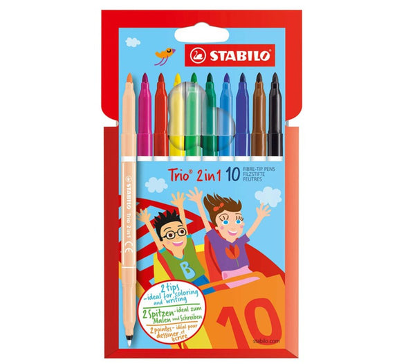 STABILO Trio 2 in 1 Fibre Tip Pen and Fineliner In One - Set of 10 Ass ...